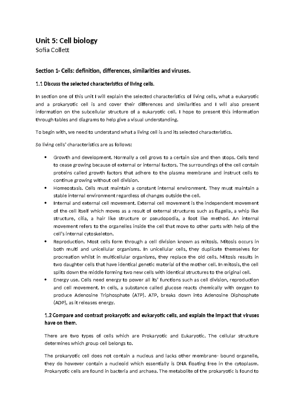 Unit 5 - Cell Biology - Achieved - Unit 5: Cell biology Sofia Collett ...