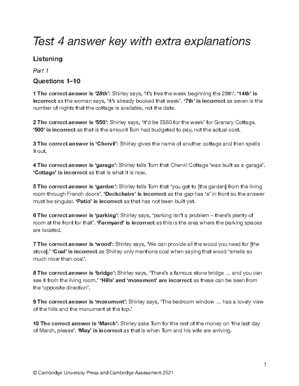 Ielts 16, Test 4 answer key, Listening - 1 Test 4 answer key with extra ...