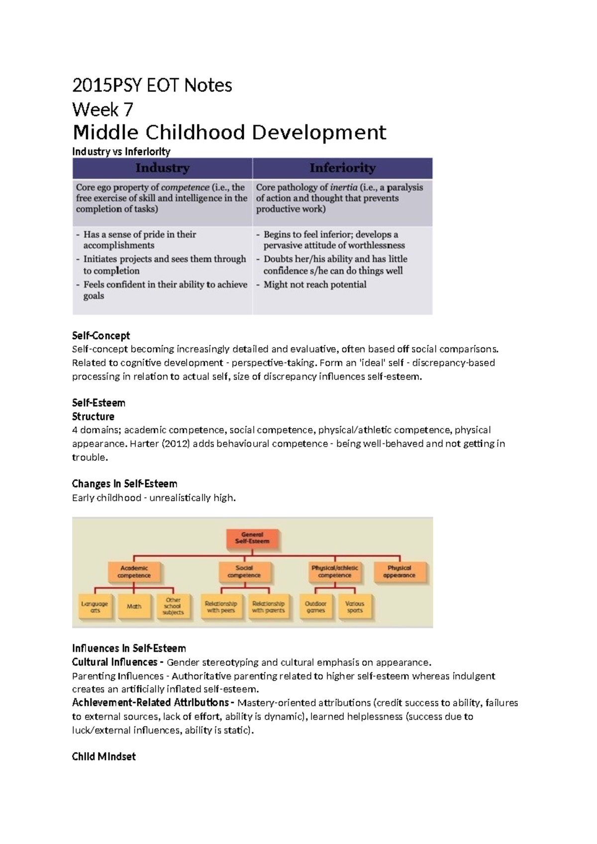 2015 End-of-Trimester Notes - 2015PSY EOT Notes Week 7 Middle Childhood ...