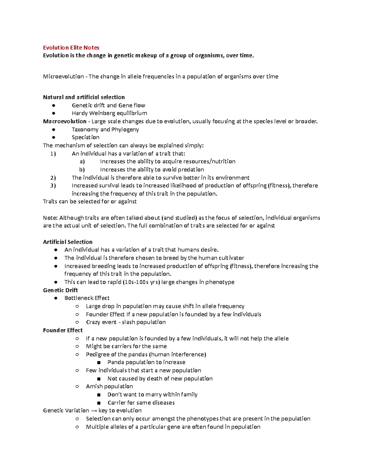 Biology Assignment - Evolution Elite Notes Evolution is the change in ...