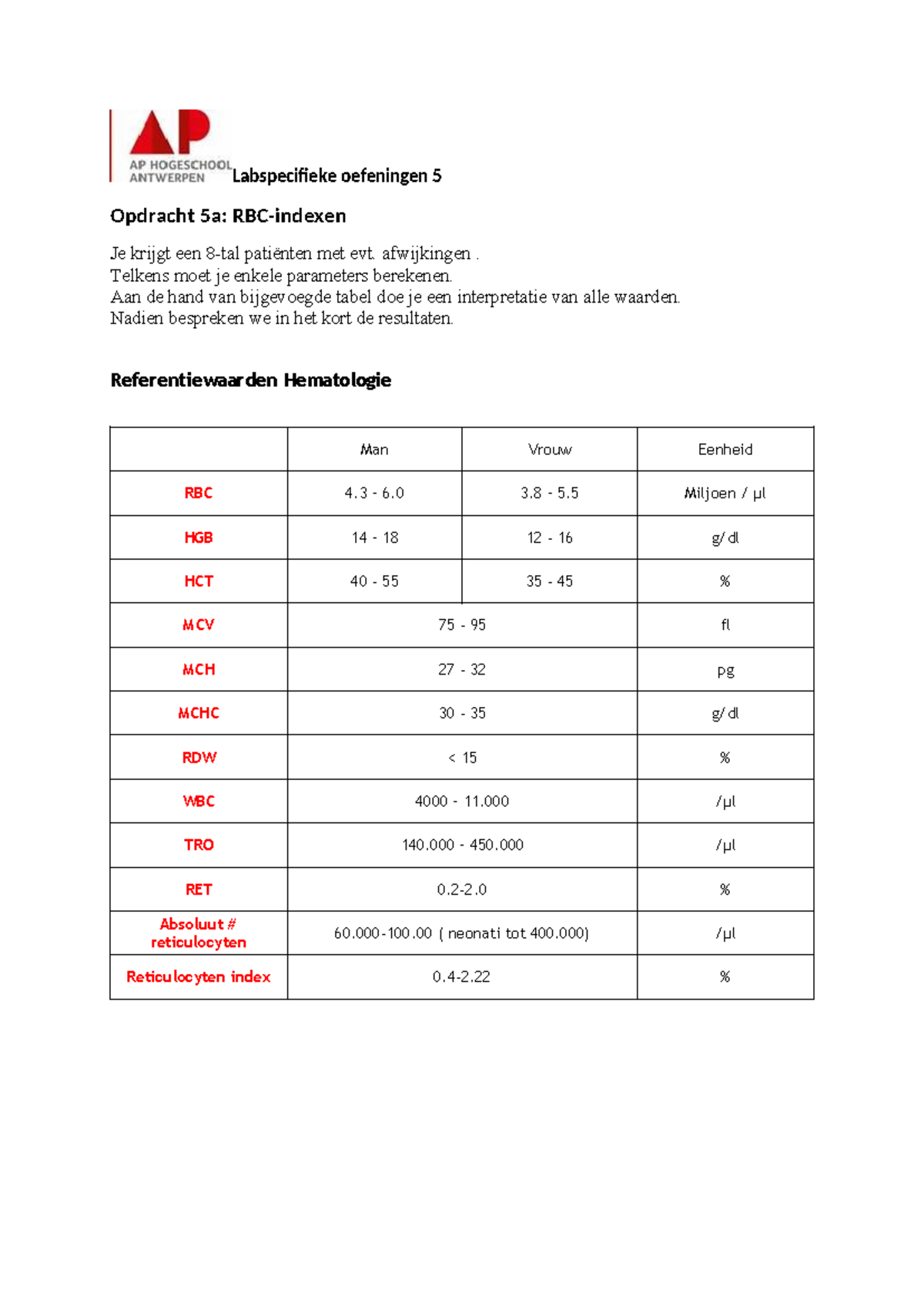 Labspecifieke oefeningen RBC index opdracht 5a - Labspecifieke ...