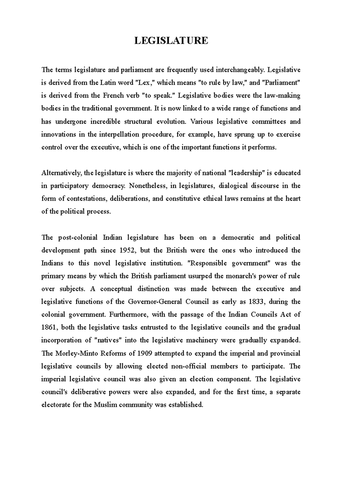 Legislature - Lecture notes 2 - LEGISLATURE The terms legislature and ...