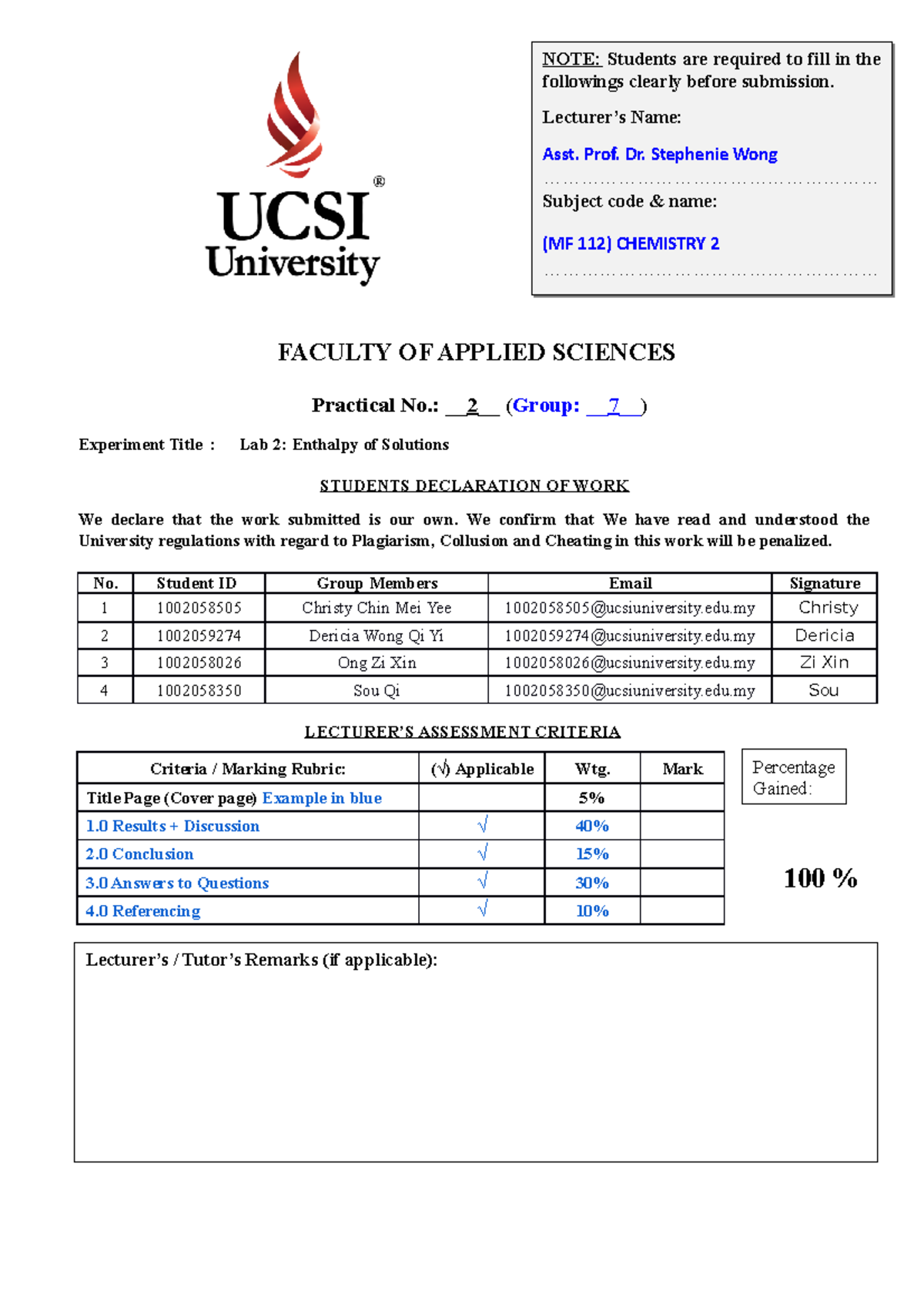 MF112 Lab Report 2 - Percentage Gained: 100 % Practical No.: 2 (Group ...