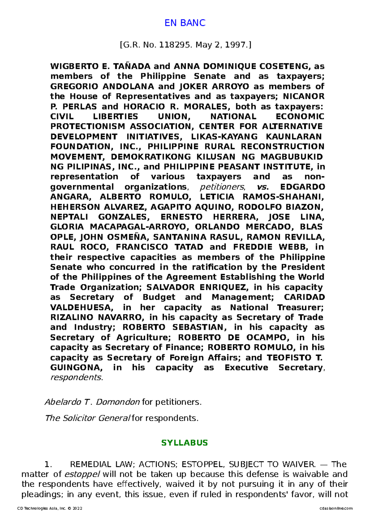 Tanada v. Angara GR 118295 - EN BANC [G. No. 118295. May 2, 1997 ...