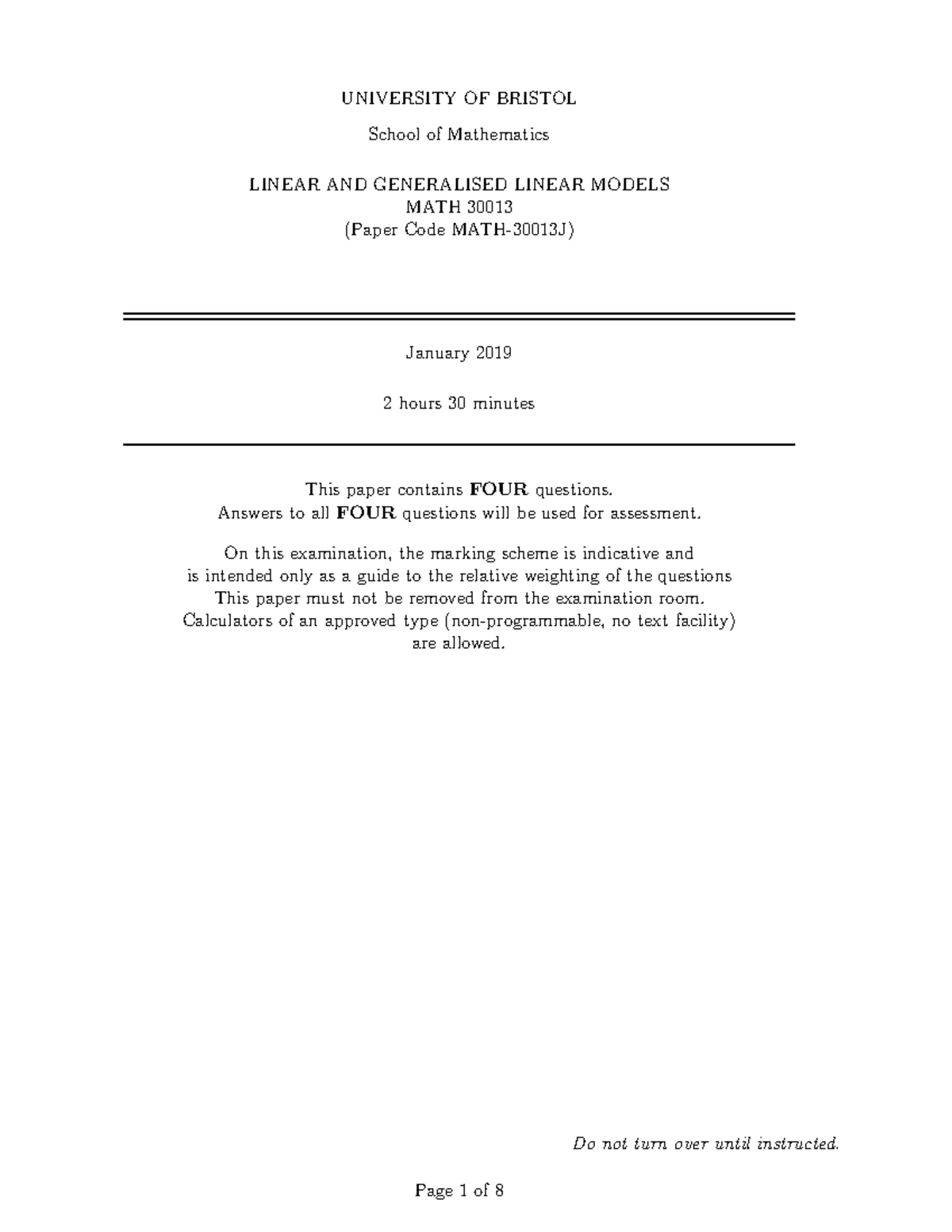Linear and Generalised Linear Models Exam 2019 - UNIVERSITY OF BRISTOL ...