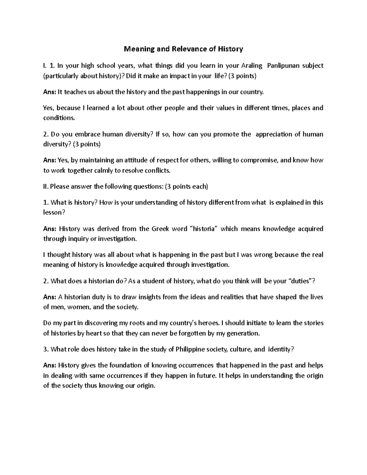 GEC Hist - Notes - Meaning and Relevance of History I. 1. In your high ...