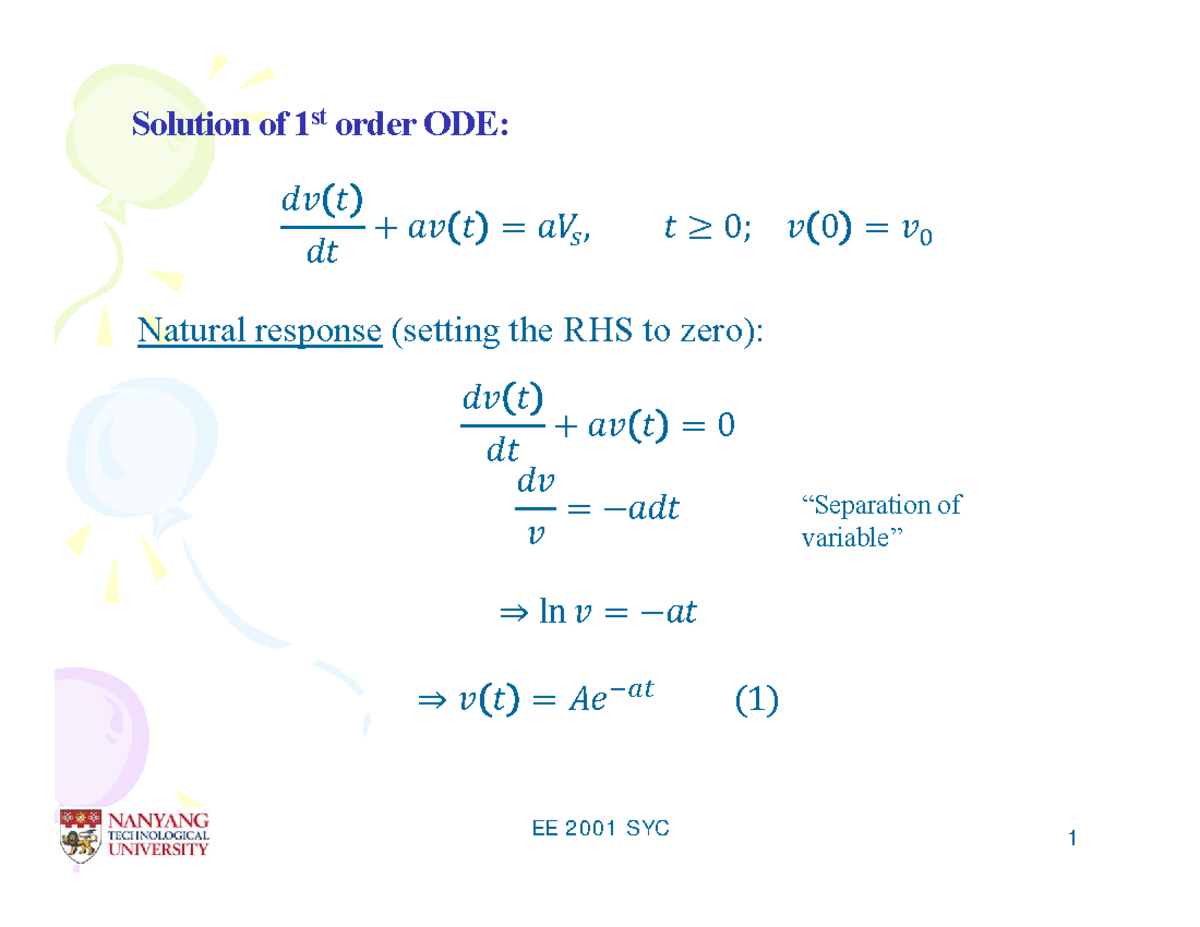 Solving 1st and 2nd order ODE - Solution of 1st order ODE: ݒ݀ ݐ ݐ݀ ݒܽ൅ܸܽൌݐ௦, ݐ൒ 0; ݒ ݒ0ൌ ...