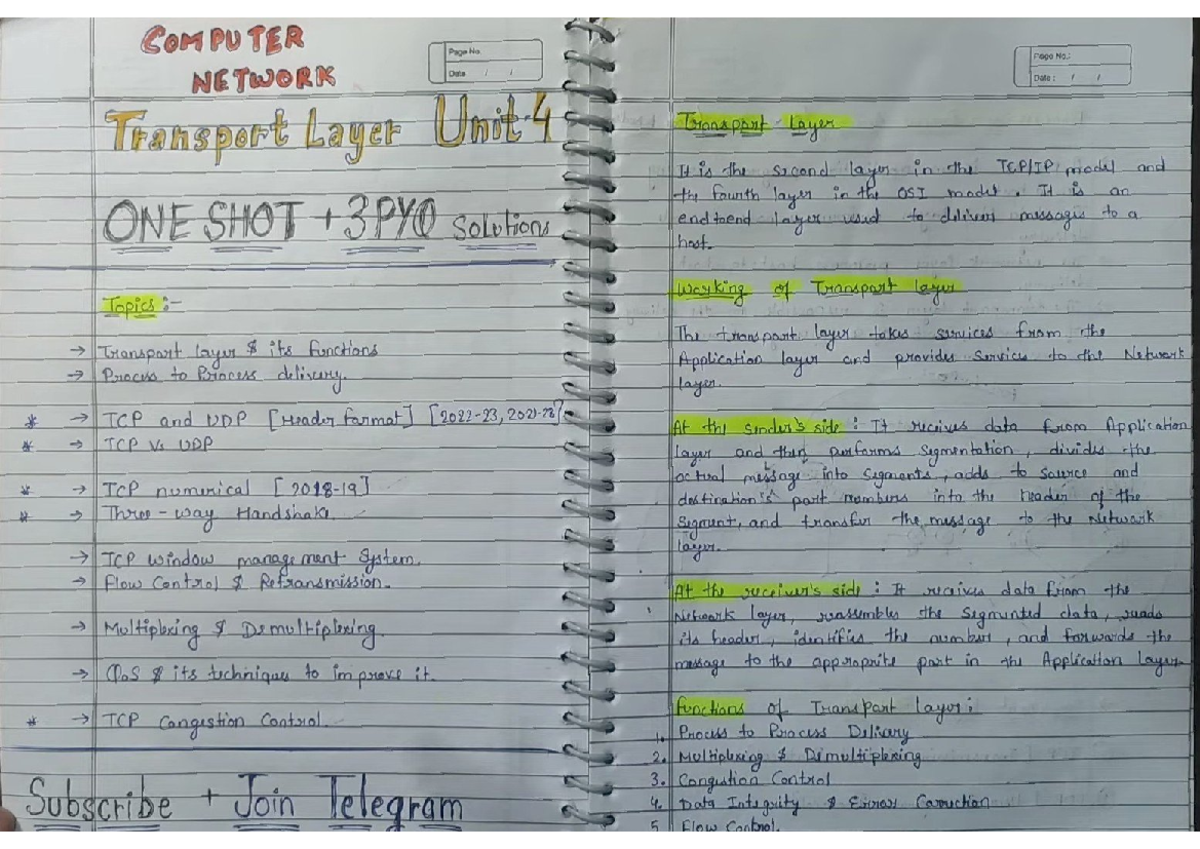 Unit 4 Cn Computer Network Computer Page No Page No Network Date Date Transport Layer