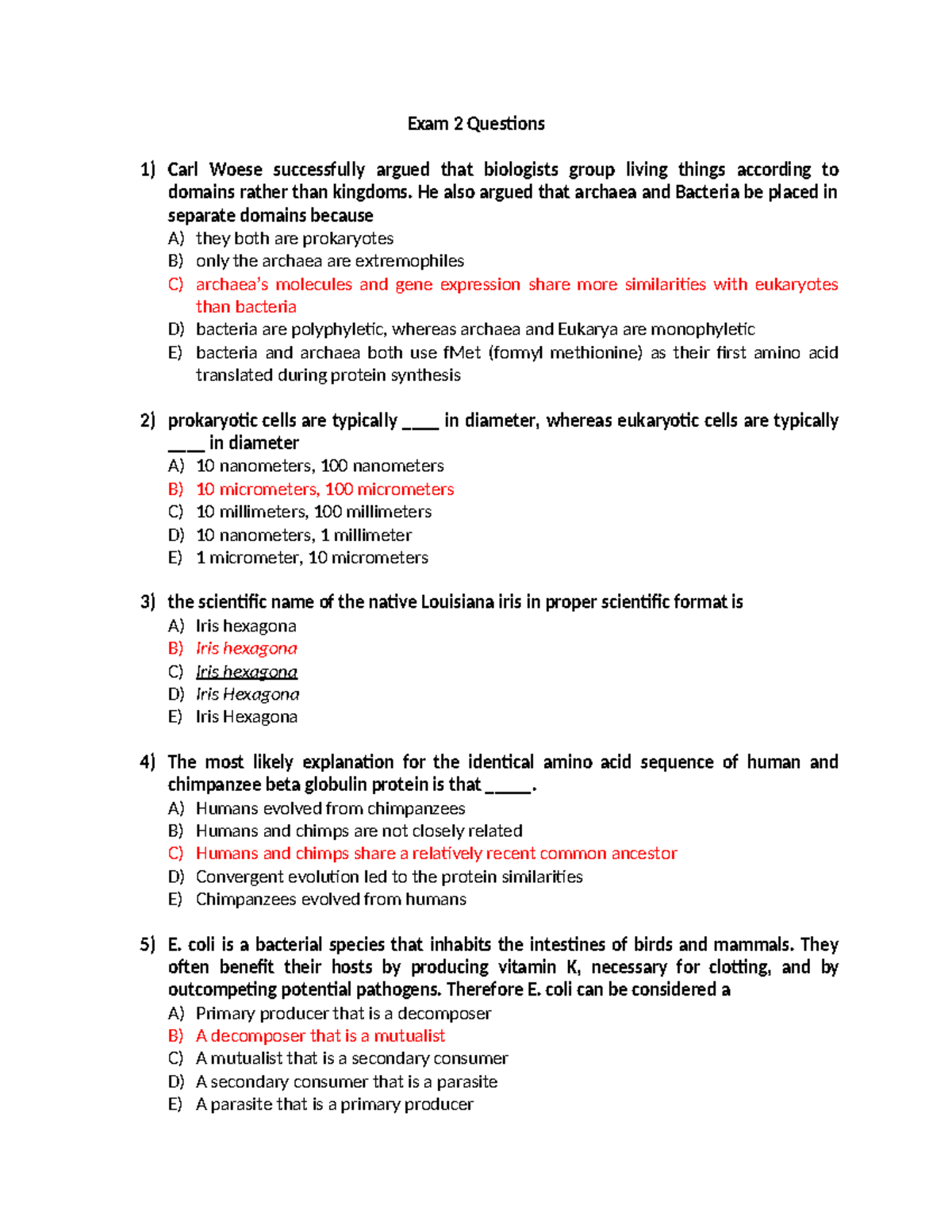 Exam 2 Questions - Exam 2 Sample BIO 111 - Exam 2 Questions Carl Woese ...