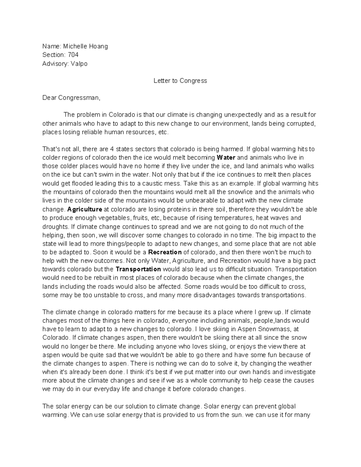 Michelle Hoang.CV - Letter to Congress - Name: Michelle Hoang Section ...