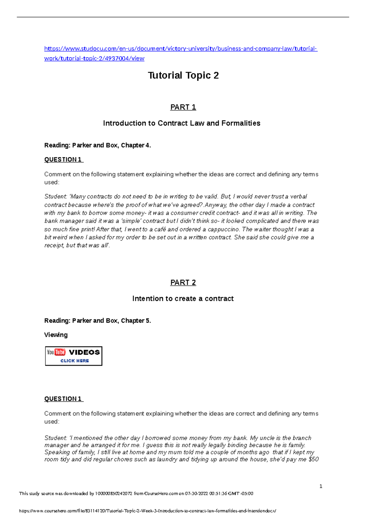 Tutorial Topic 2 Week 3 Introduction to contract law formalities and ...