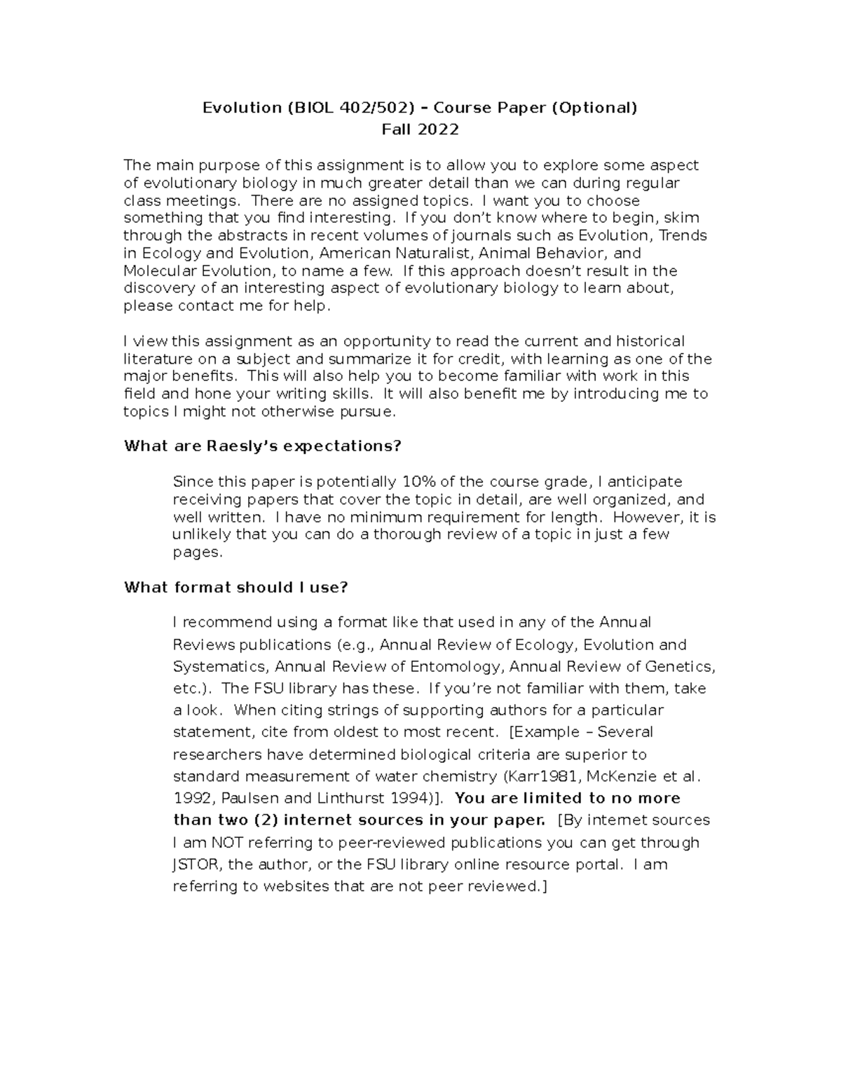 Paper outline Evolution - Evolution (BIOL 402/502) – Course Paper ...