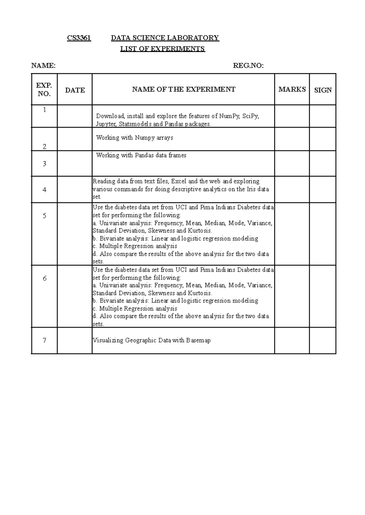 DATA Science Manual.docx - CS3361 DATA SCIENCE LABORATORY LIST OF EXPERIMENTS NAME: REG: EXP. NO ...