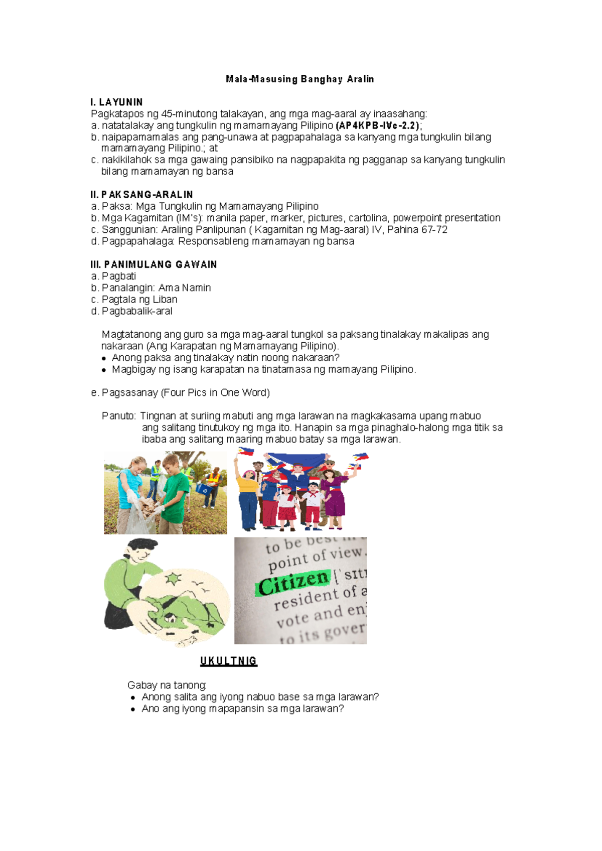 Mga Tungkulin ng Mamayang Pilipino - Teaching Demonstration Lesson Plan ...