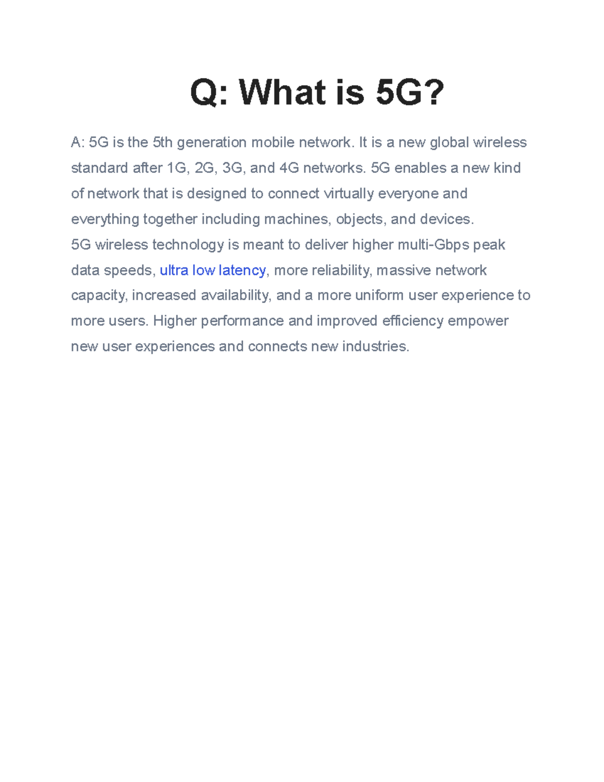 5G - this the document about 5g technoloy - Q: What is 5G? A: 5G is the ...