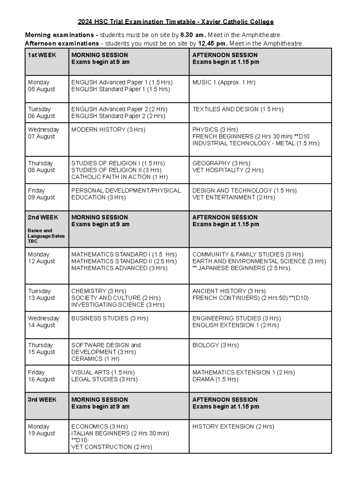 2024 XCC HSC Trial Examination Timetable - Meet in the Amphitheatre ...