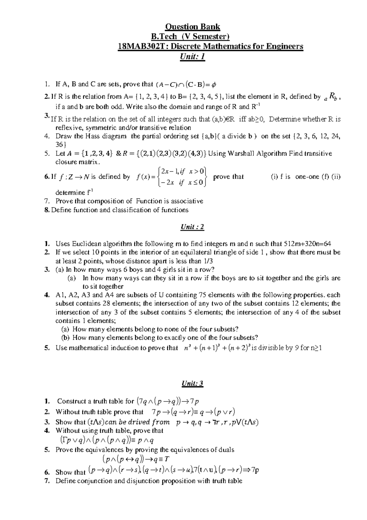 Question Bank - fyi - Question Bank B (V Semester) 18MAB302T: Discrete ...