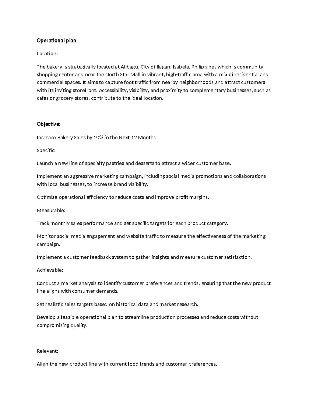 Operational-plan - BUSSINESS PLAN - Operational plan Location: The ...