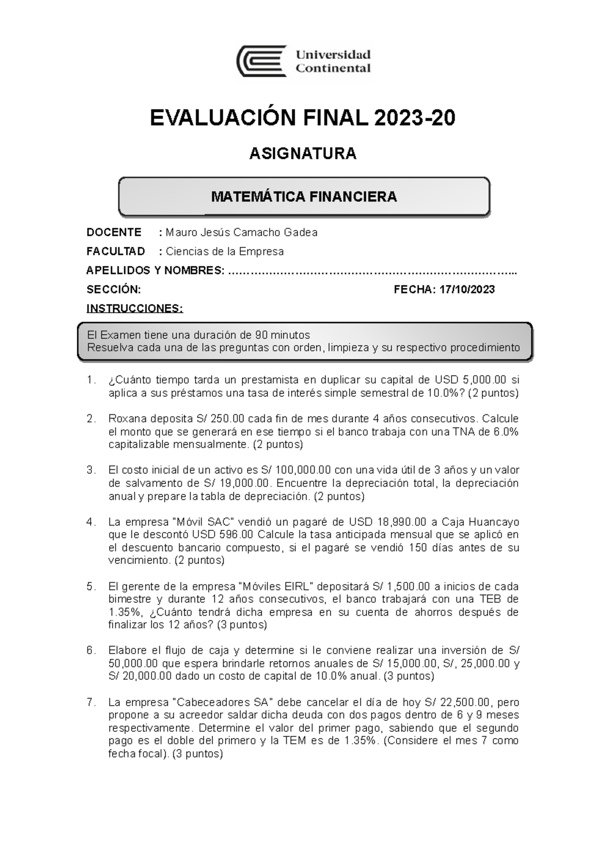 Examen final MF 2023-20 - EVALUACIÓN FINAL 2023- ASIGNATURA DOCENTE : Mauro Jesús Camacho Gadea ...