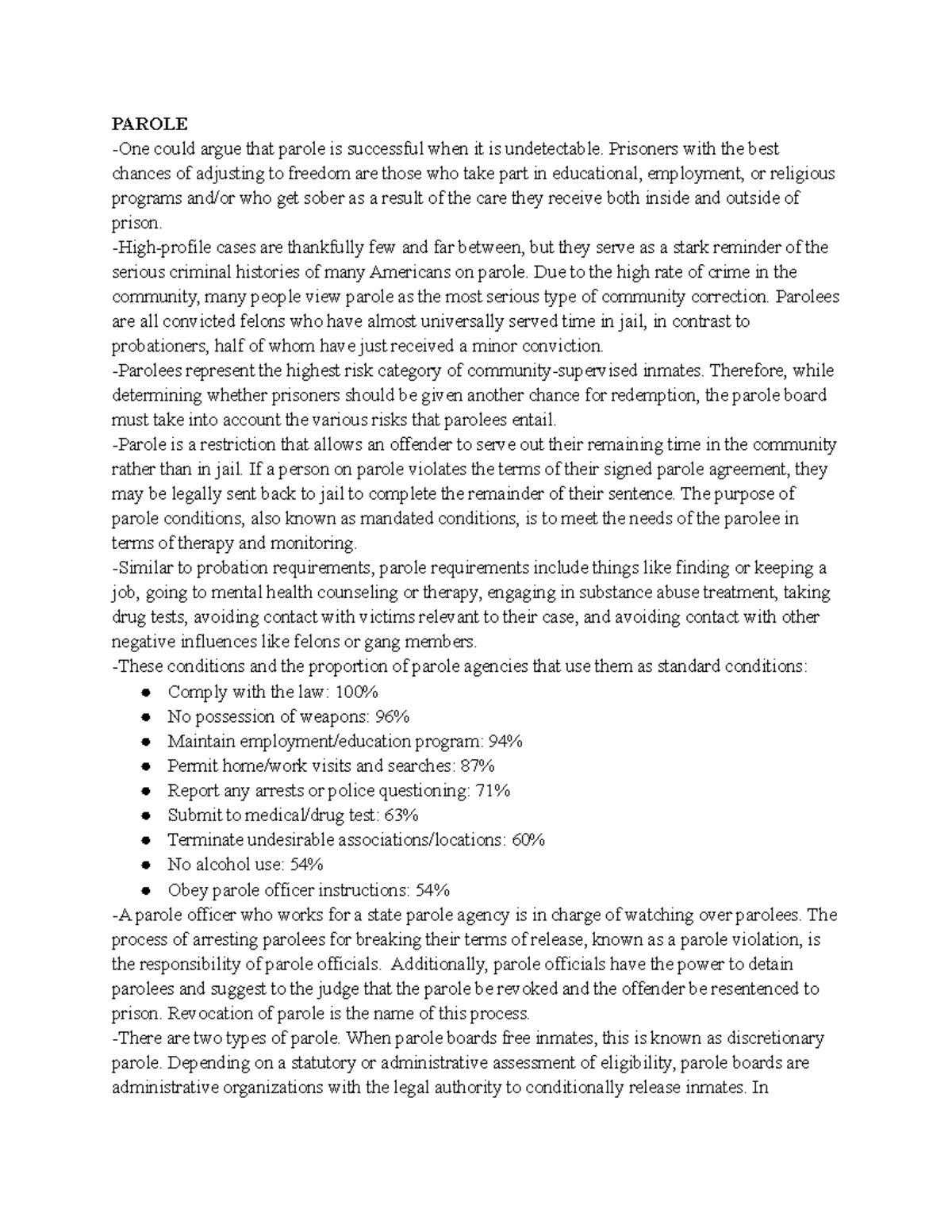 COR 101 Chapter 11 Notes - PAROLE -One could argue that parole is ...