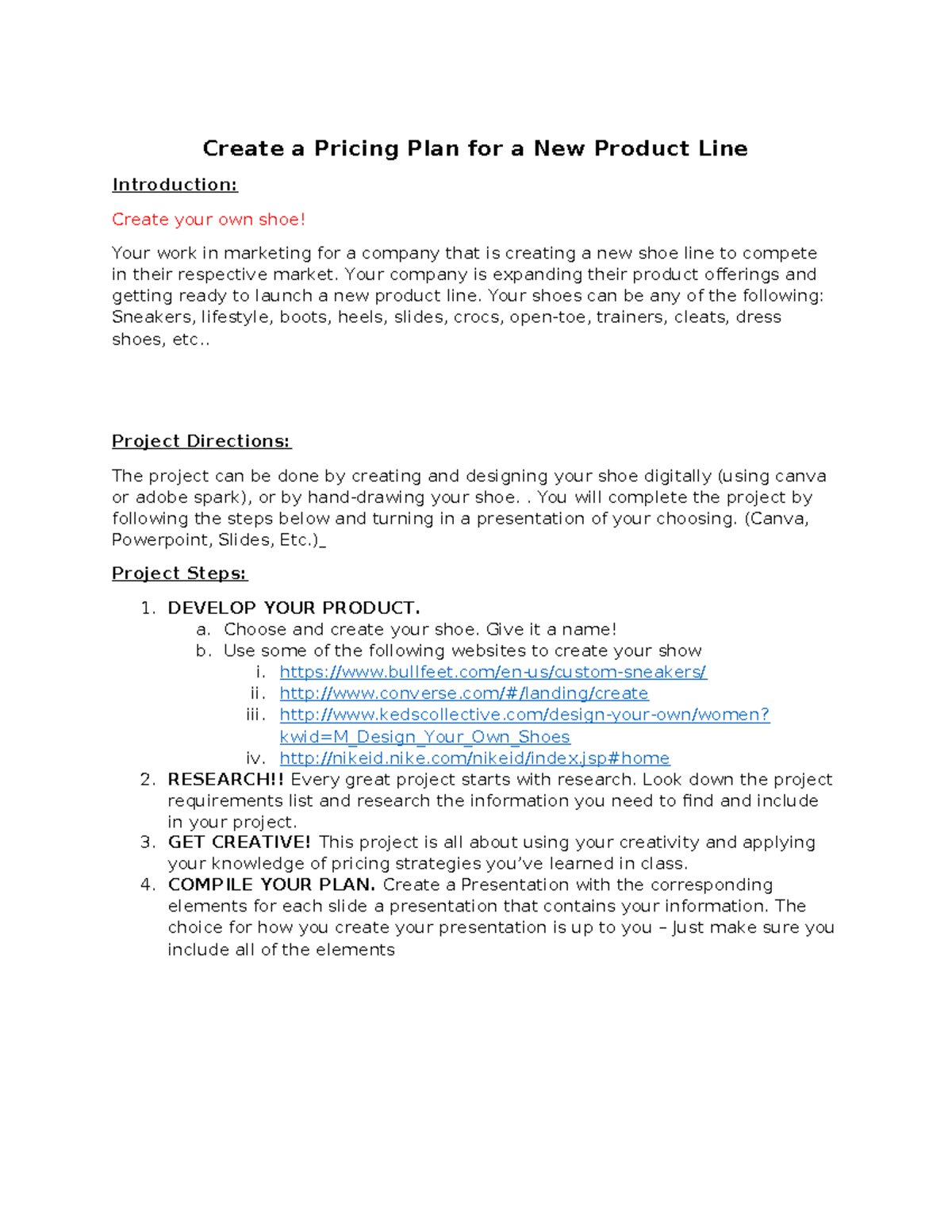 Chase Huff - Create a Pricing Plan Project Shoes - Create a Pricing ...