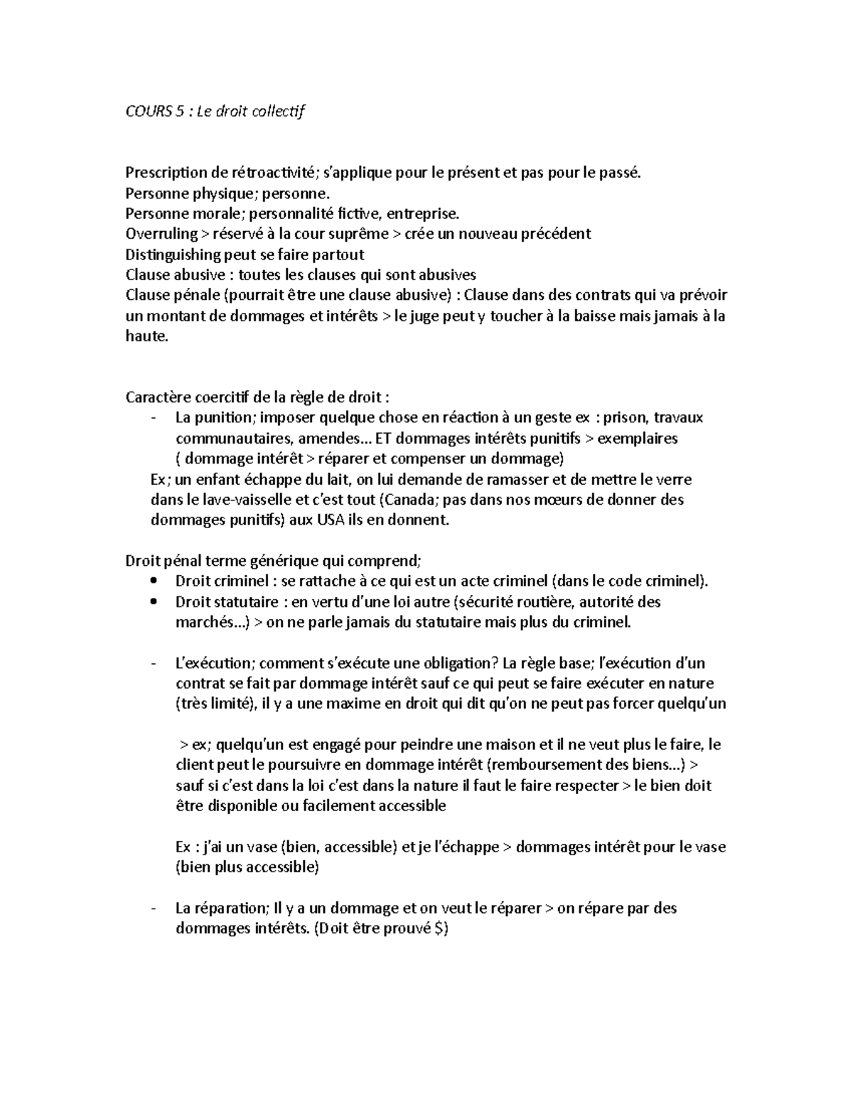 Cours 5 droit - notes - COURS 5 : Le droit collectif Prescription de ...