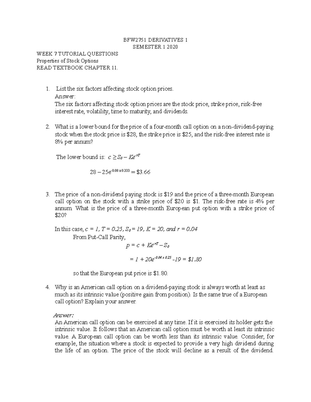 Tutorial WEEK 7 Solutions BFW2751 Week 7 - BFW2751 DERIVATIVES 1 ...