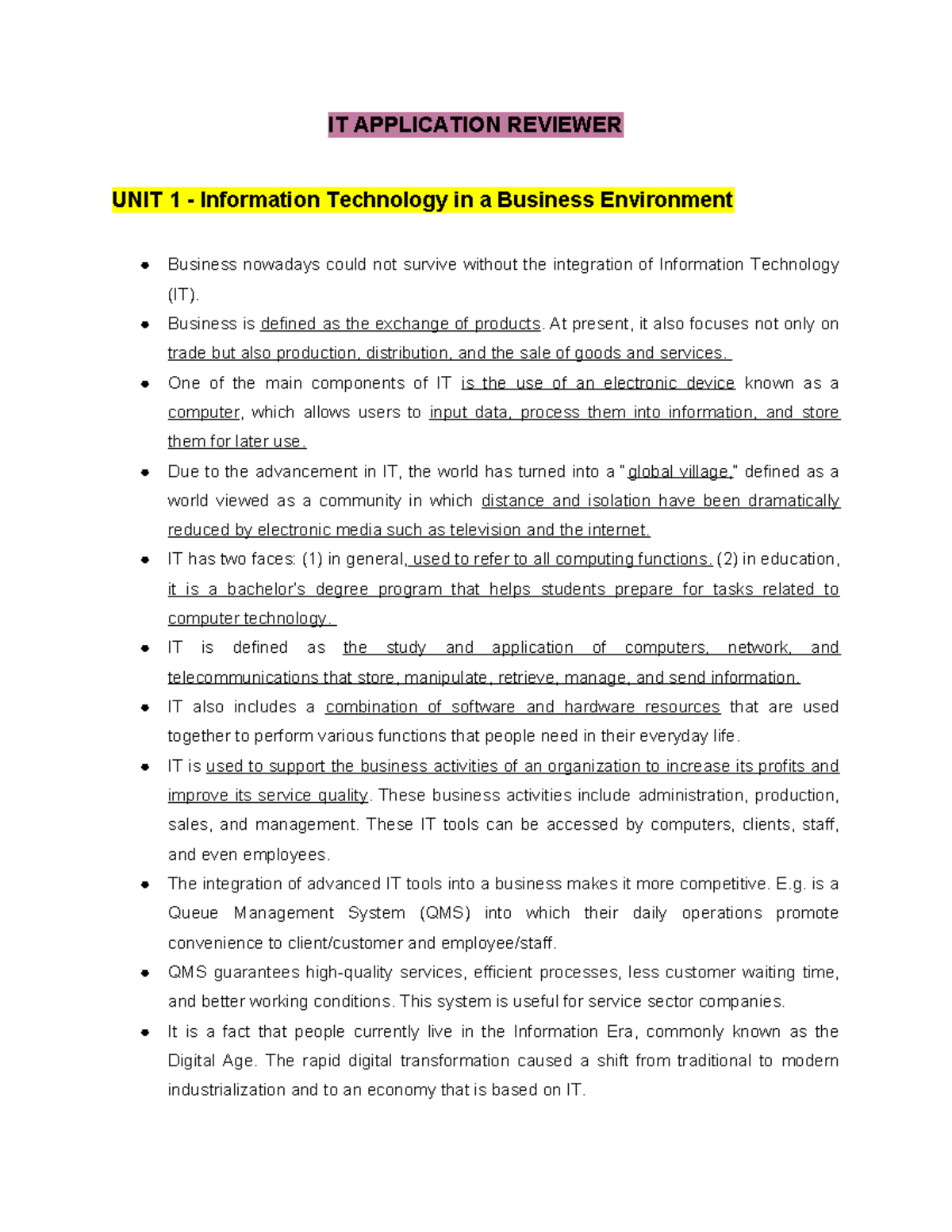IT APPLICATION NOTES - IT APPLICATION REVIEWER UNIT 1 - Information ...
