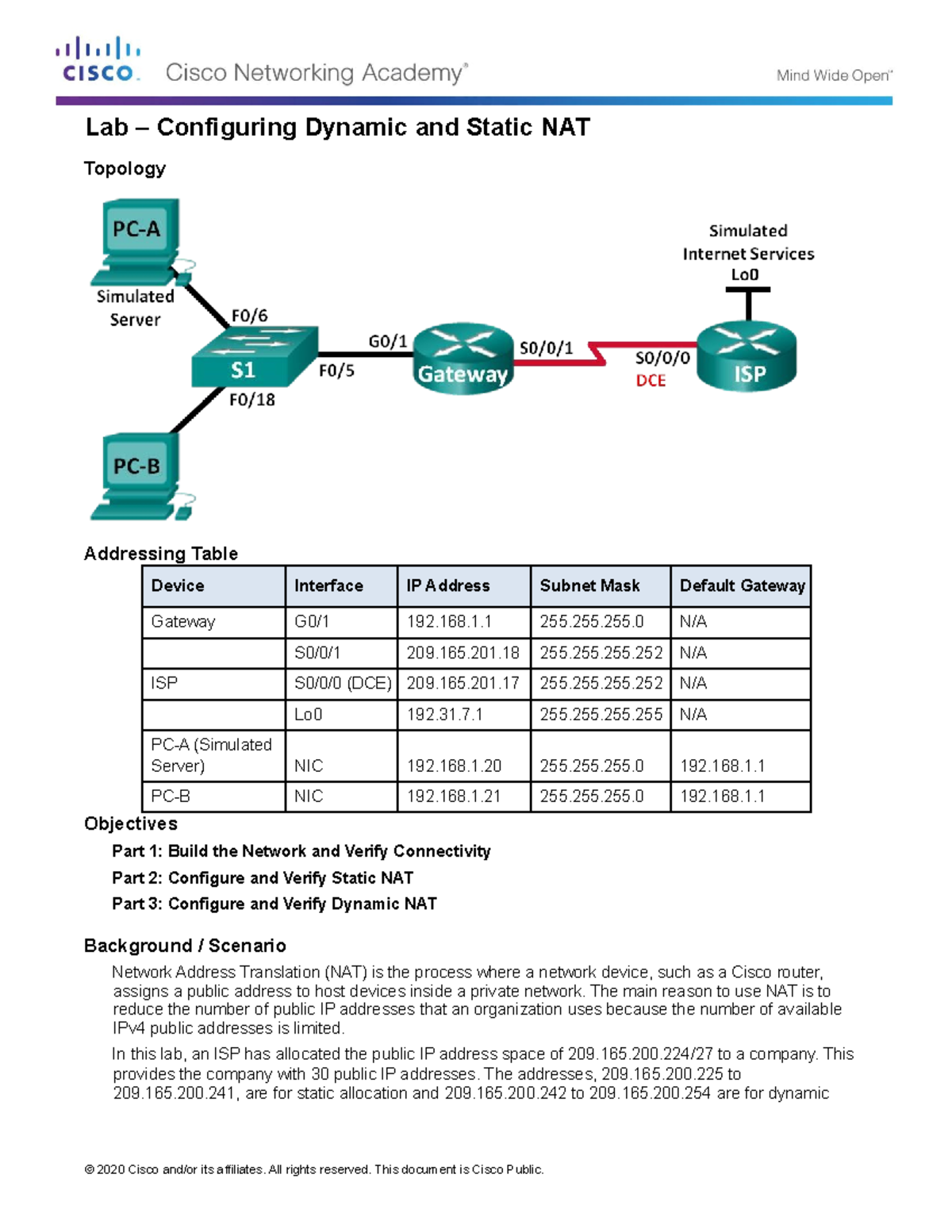 Lab 9.2 - Configuring Dynamic and Static NAT - Topology Addressing Table Device Interface IP ...