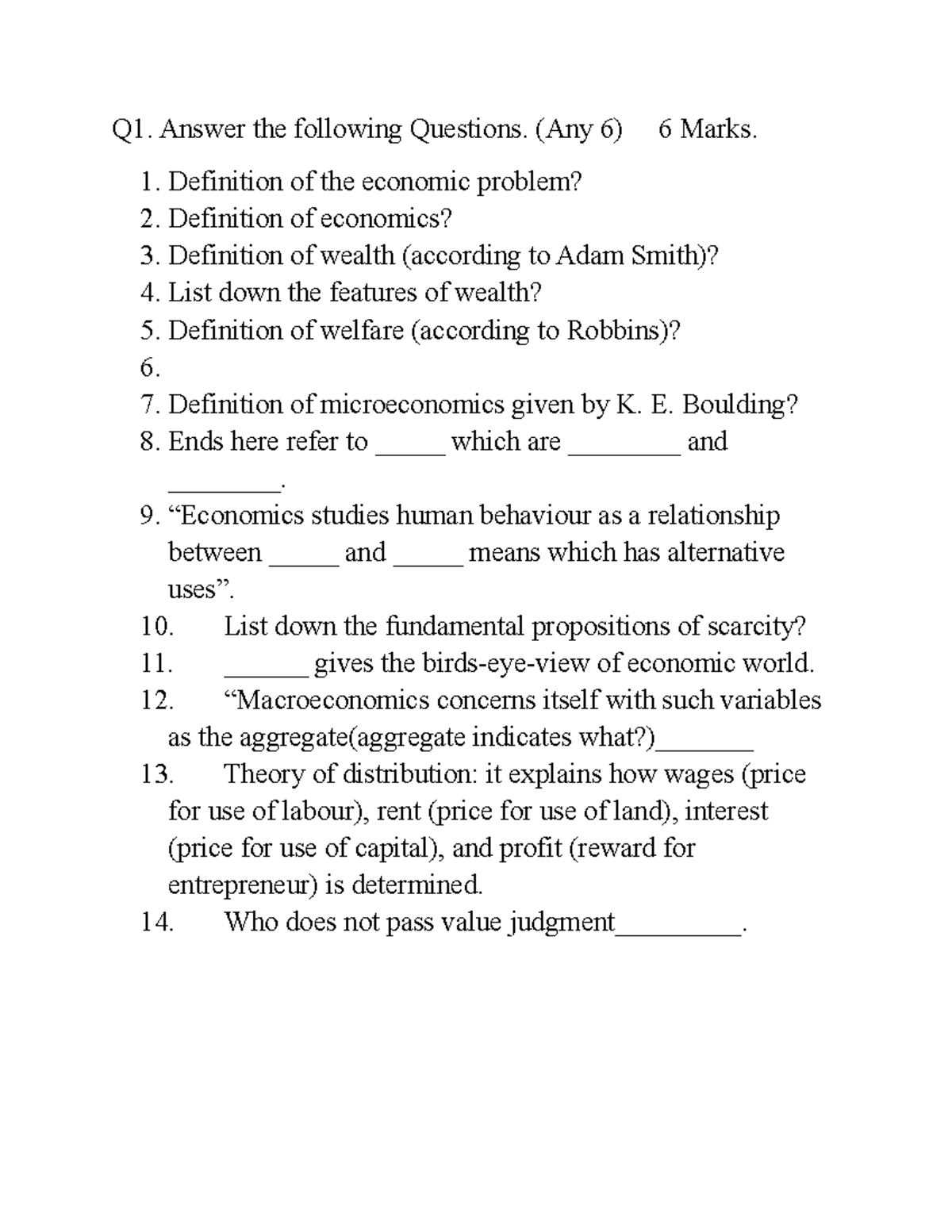 Unit test 1 - Q1. Answer the following Questions. (Any 6) 6 Marks ...