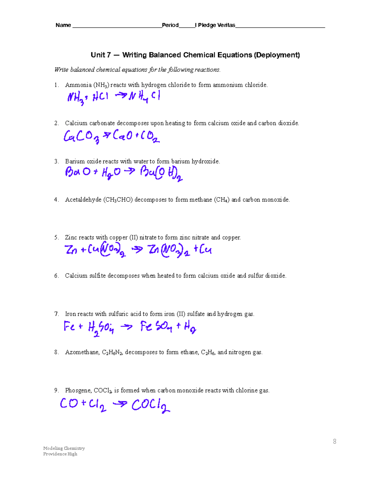 Honors Unit 7 Balancing Equations and Reaction Types - Name Period ...