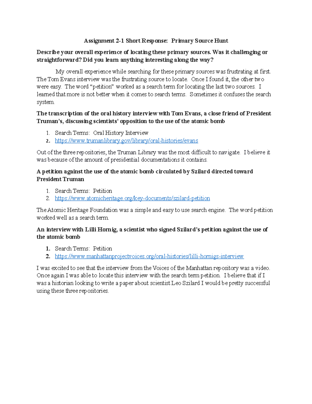 Assignment 2-1 Short Response Primary Source Hunt - Was it challenging ...