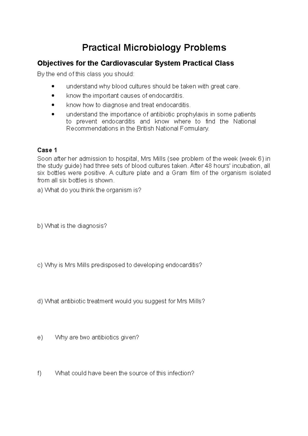 Cardiovascular year 1 tutorial questions 1 - Practical Microbiology ...