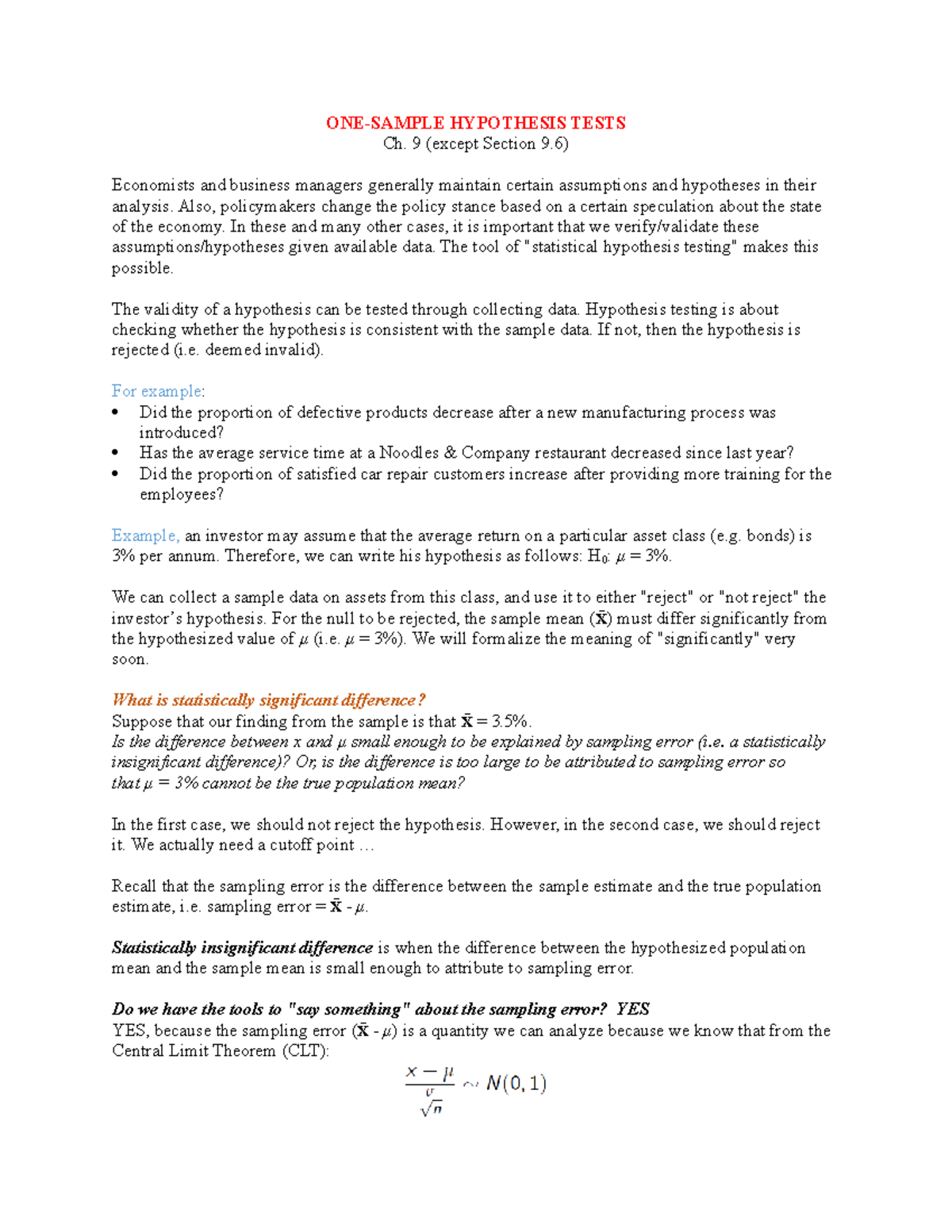 Econ 2081- Lecture 11 & 12 & 13 - One Sample Hypothesis Testing ...