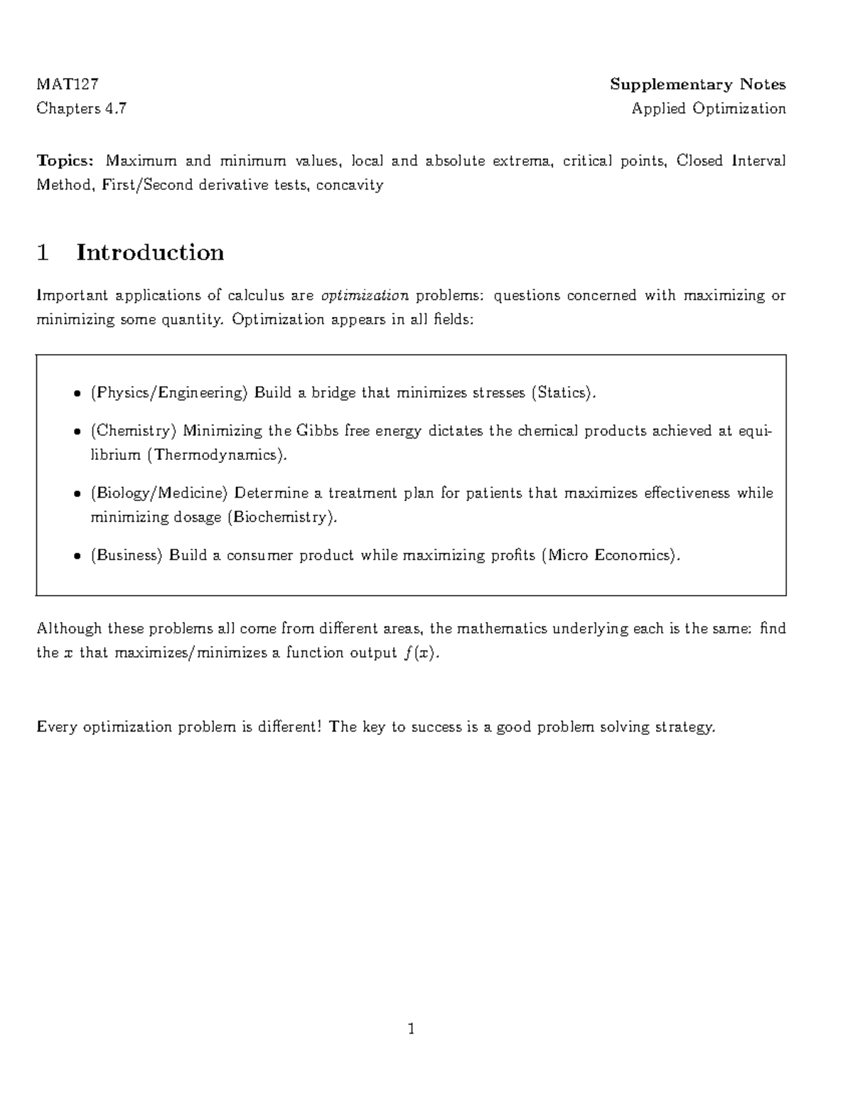 4 7 Optimization - MAT127 Supplementary Notes Chapters 4 Applied ...