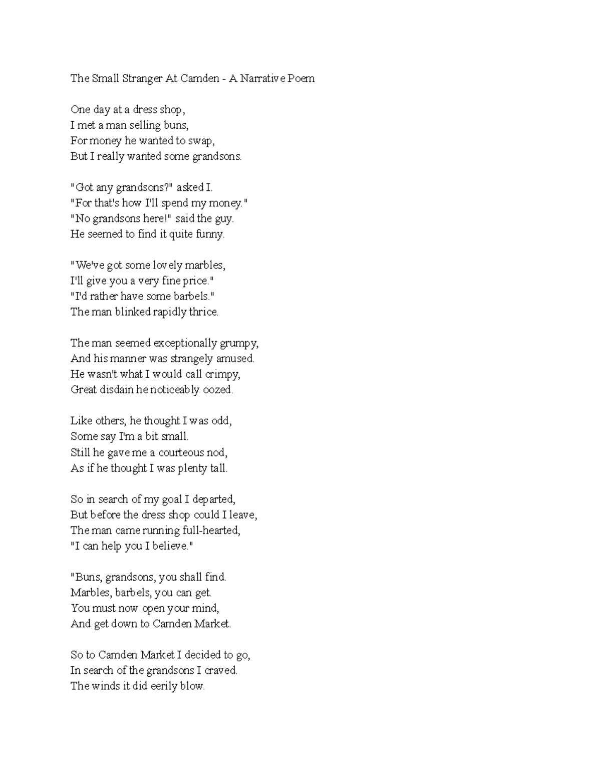 The Small Stranger At Camden - A Narrative Poem - Studocu