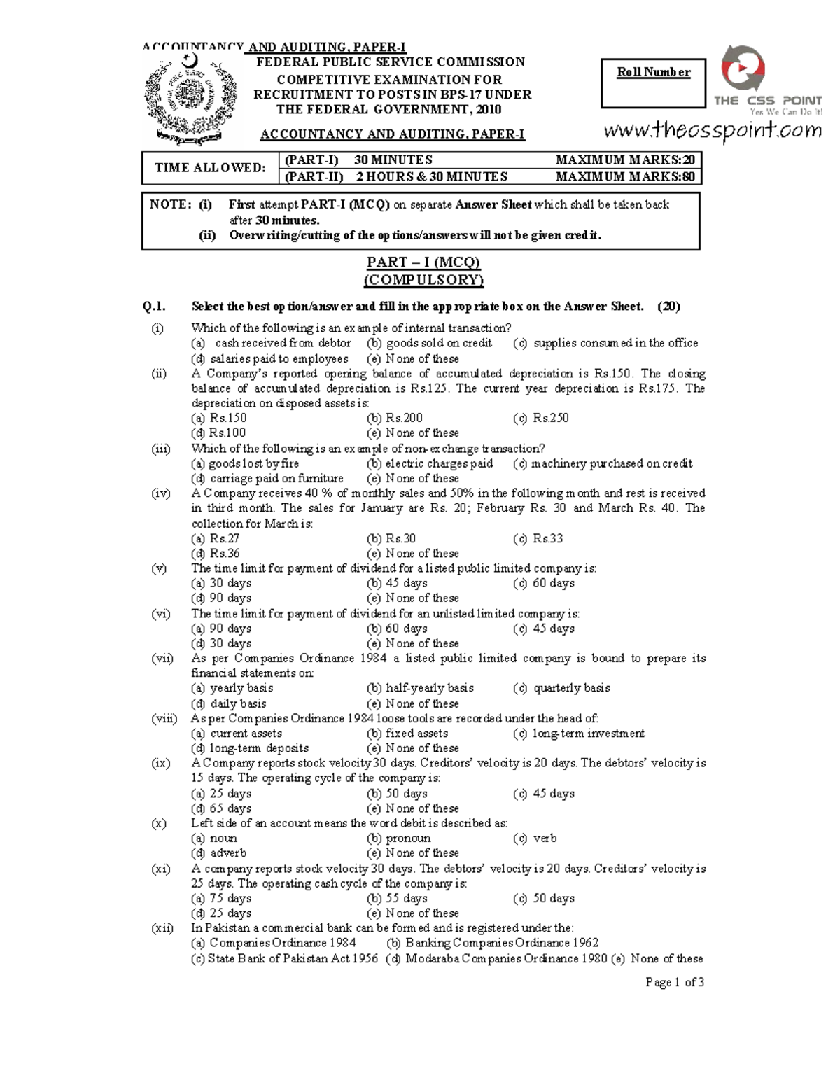 Accountancy and Auditing-2010 - ACCOUNTANCY AND AUDITING, PAPER-I ...