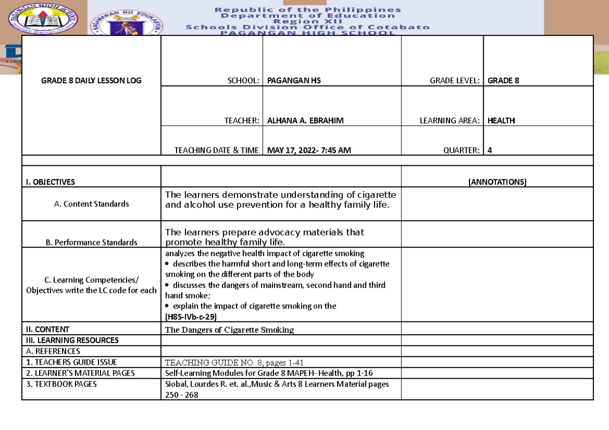 DLL wit annotation - GRADE 8 DAILY LESSON LOG SCHOOL: PAGANGAN HS GRADE ...