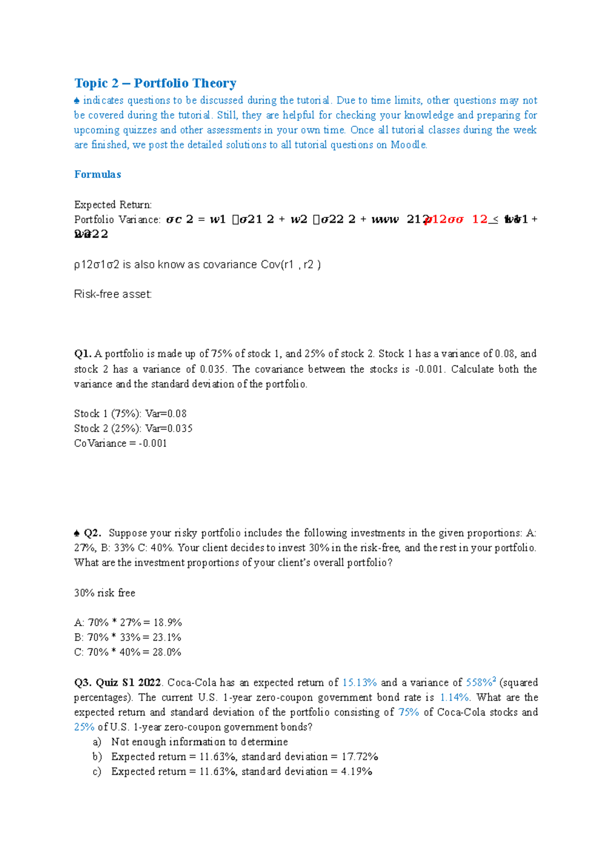 Topic 2 - N/a - Topic 2 – Portfolio Theory ♠ indicates questions to be ...
