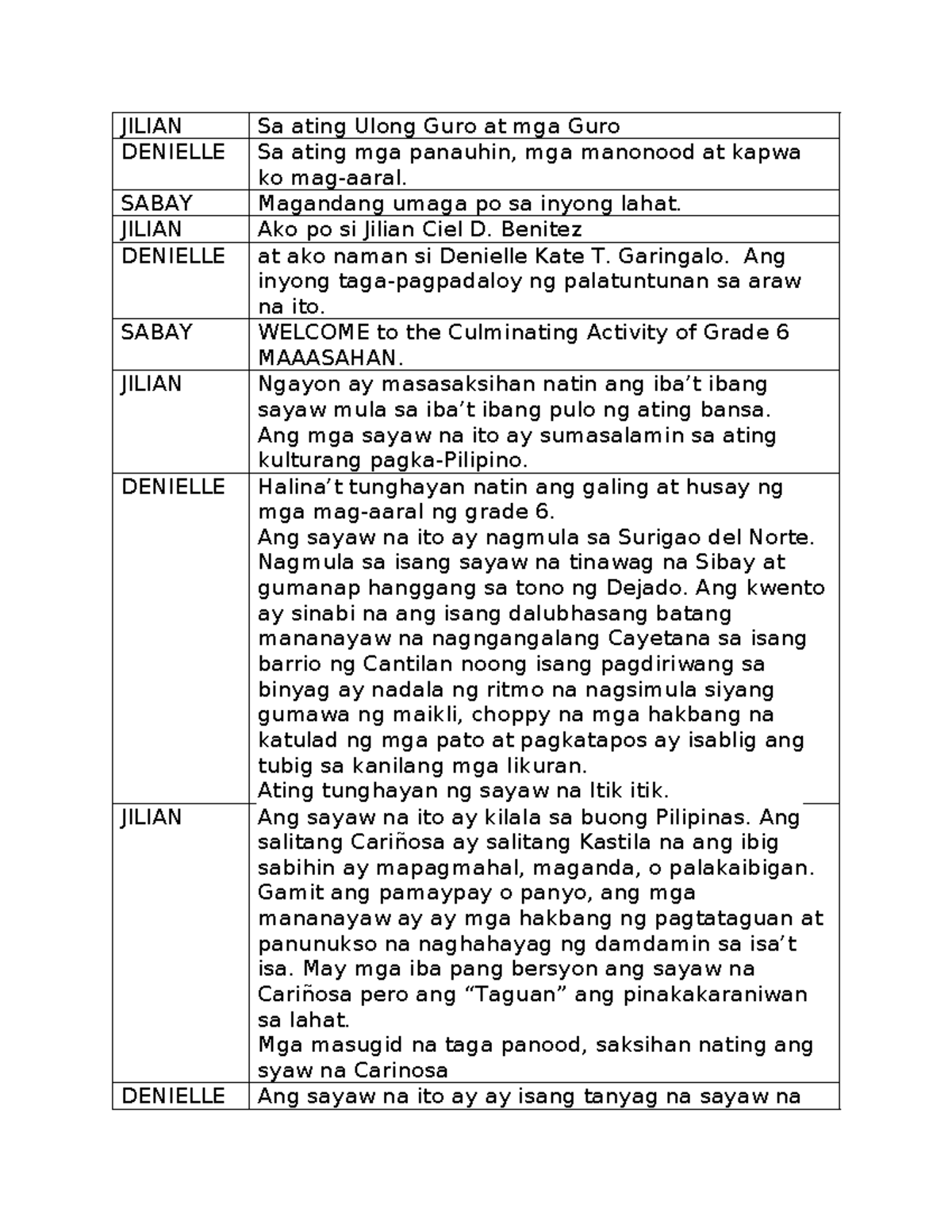 Script - JILIAN Sa ating Ulong Guro at mga Guro DENIELLE Sa ating mga ...