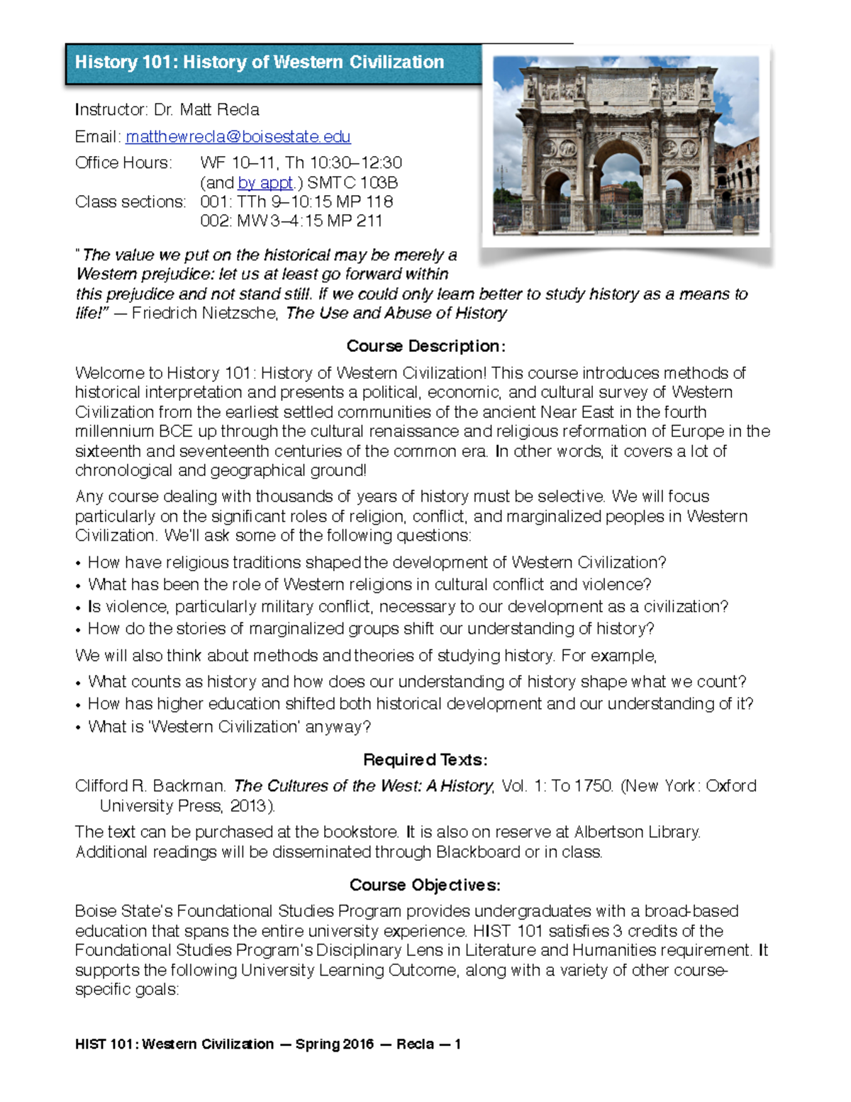 HIST 101 History of Western Civilization - Instructor: Dr. Matt Recla ...