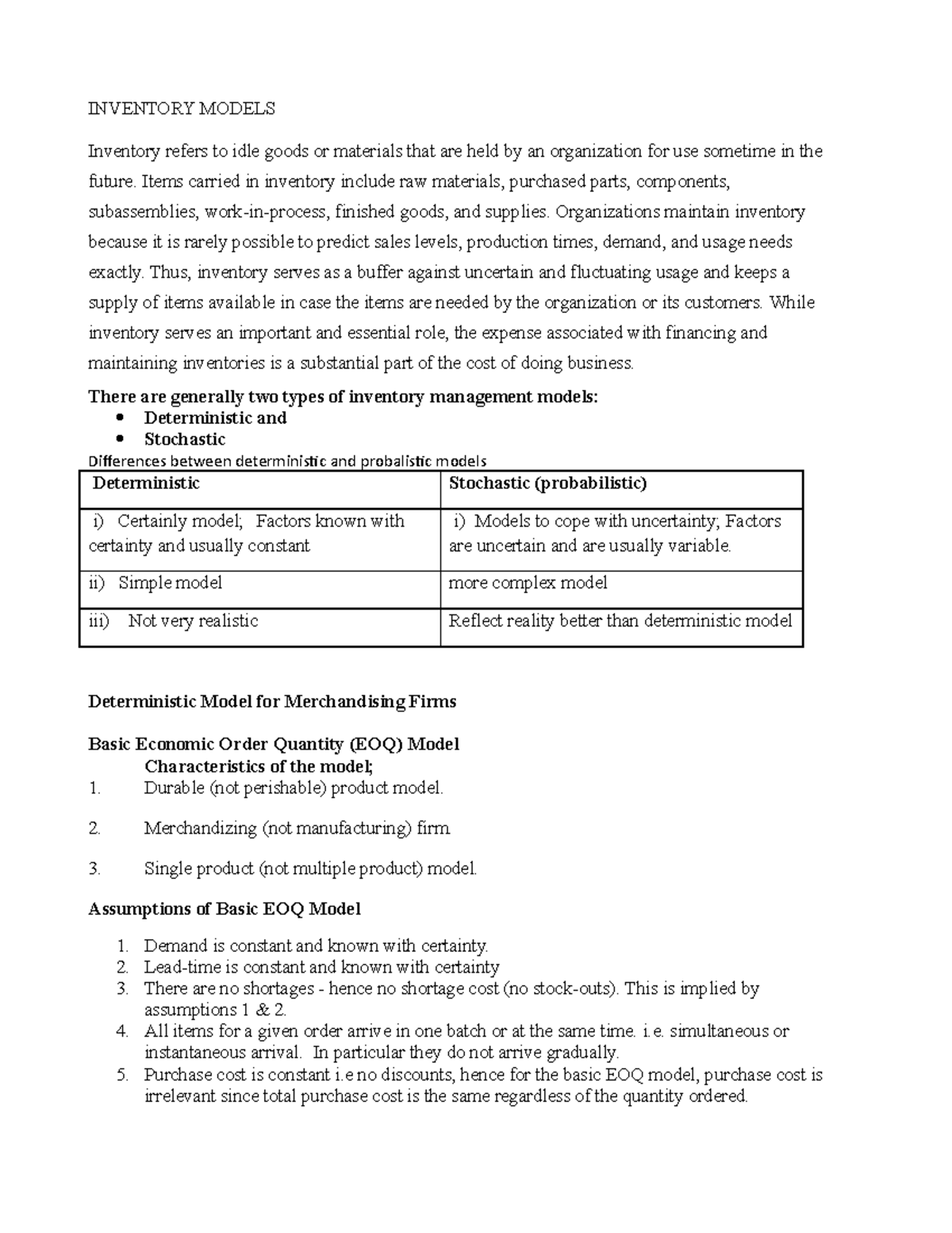 LEC 7 Inventory EOQ edited - INVENTORY MODELS Inventory refers to idle ...