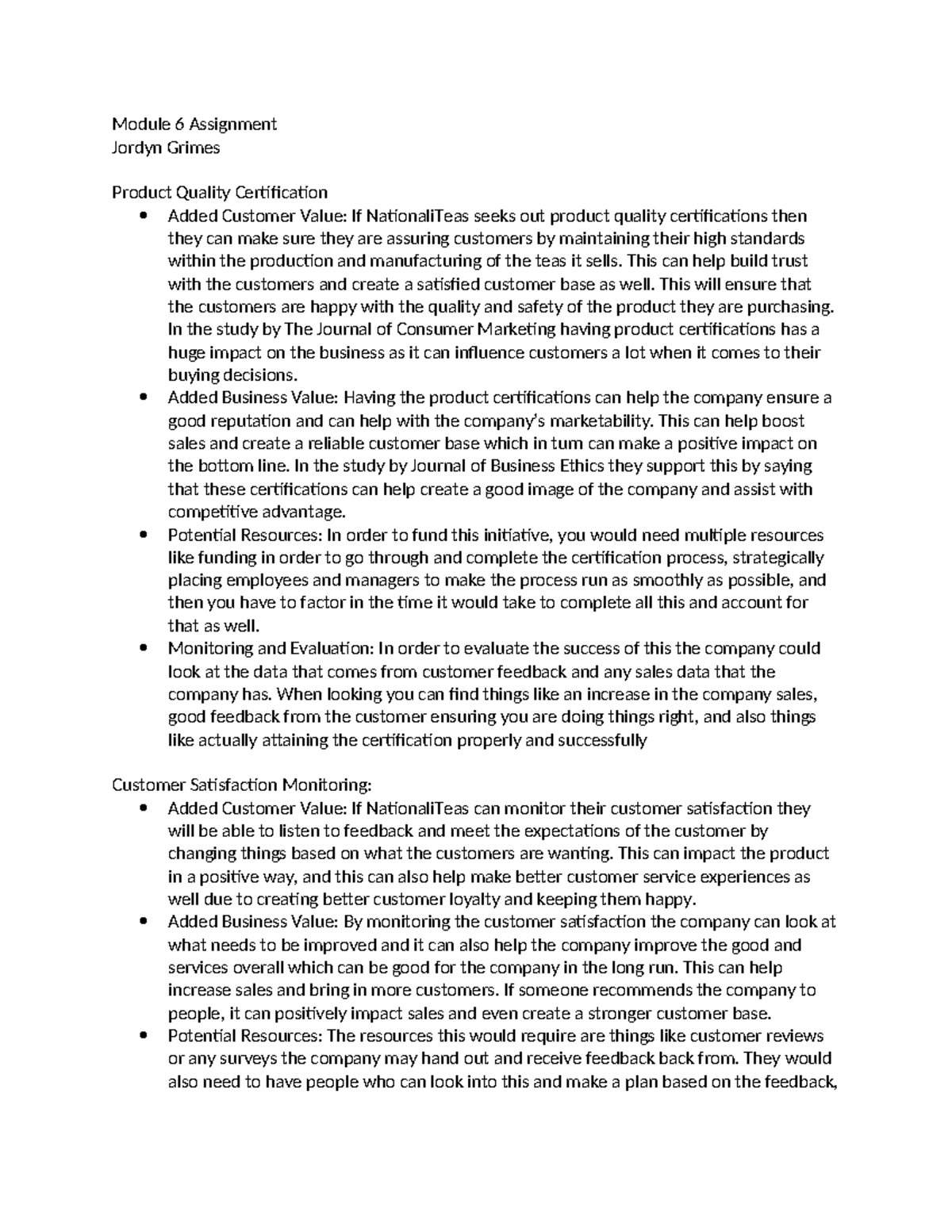 Adding Cus. Value QSO321 - Module 6 Assignment Jordyn Grimes Product Quality Certification Added ...