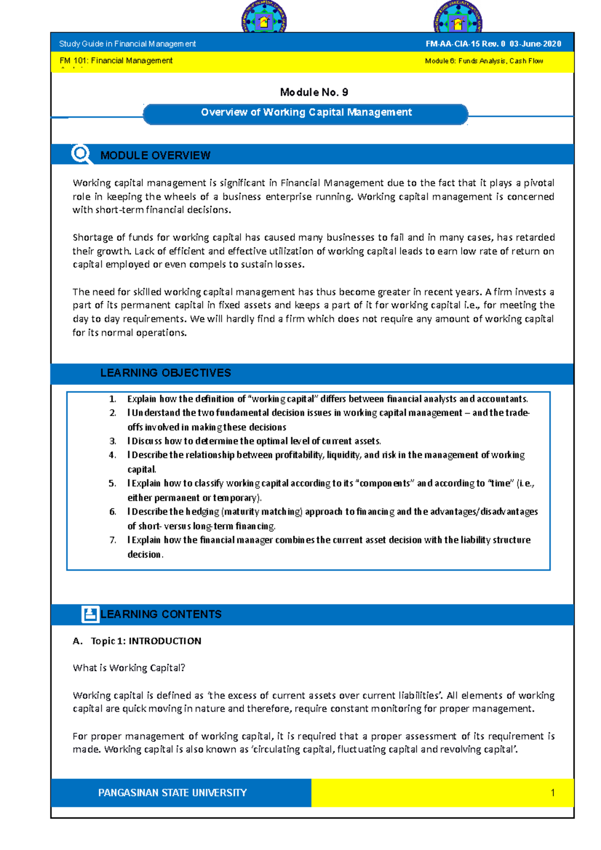 FM 101 SG 9 - Goodluck - Module No. 9 MODULE OVERVIEW Working capital ...