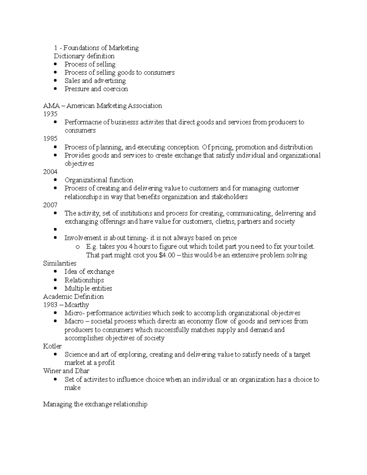 MKTG 317 - Final - 1 - Foundations of Marketing Dictionary definition ...