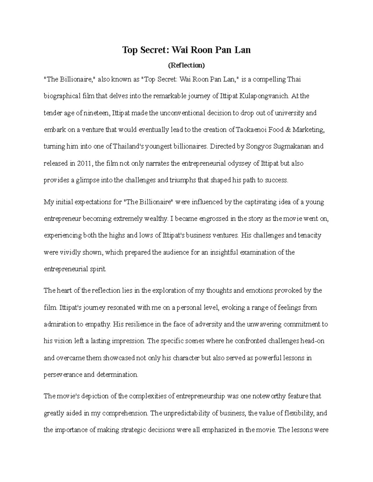 Yo - yosldmksd - Top Secret: Wai Roon Pan Lan (Reflection) "The Billionaire," also known - Studocu