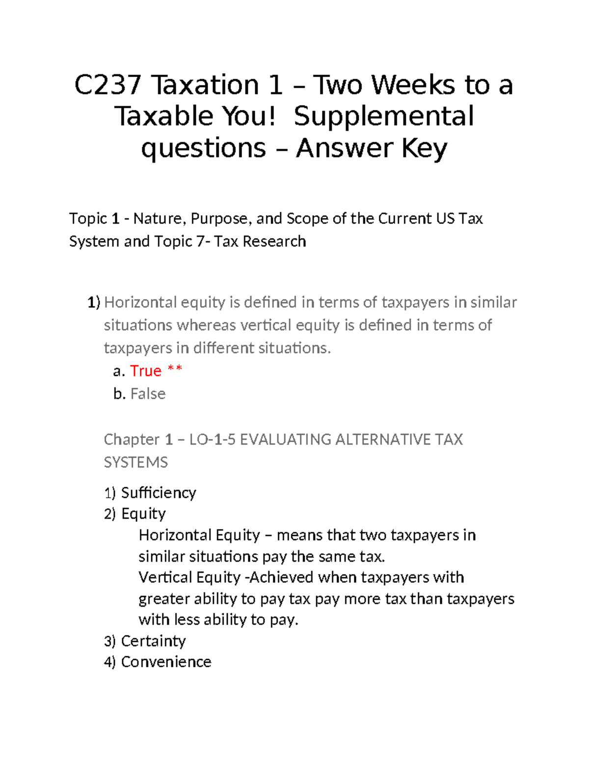 Topic 1 & 7 answer key - none - C237 Taxation 1 – Two Weeks to a ...