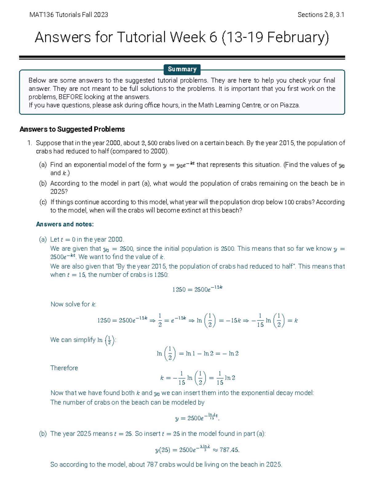 MAT136 Tutorial W6 sol - MAT136 Tutorials Fall 2023 Sections 2, 3. Answers for Tutorial Week 6 ...