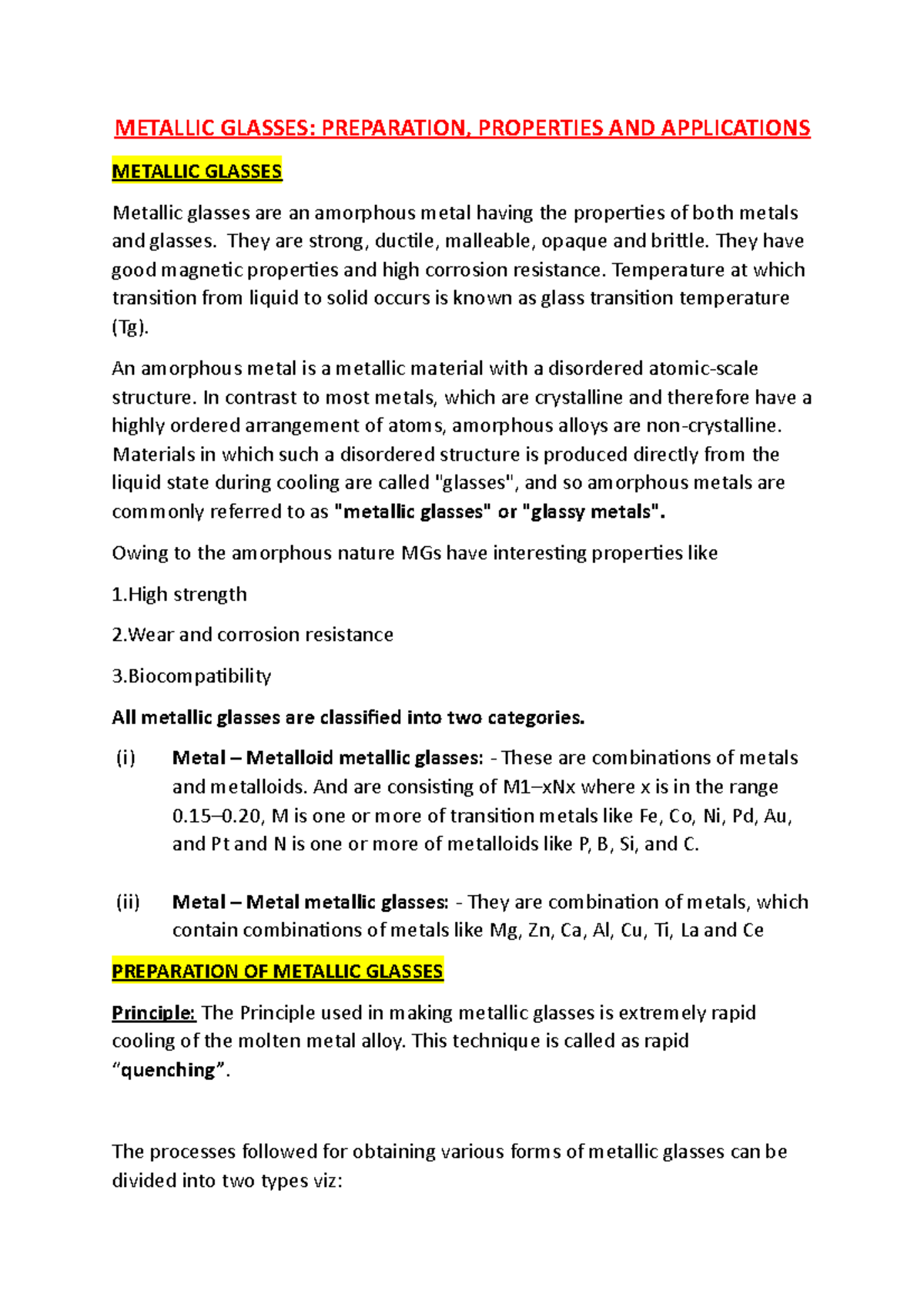 Metallic Glasses- Lecture notes Module 3 - METALLIC GLASSES ...