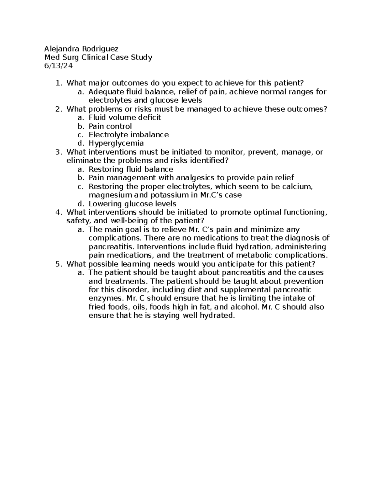 Clinical assignment - Alejandra Rodriguez Med Surg Clinical Case Study ...